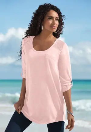 ROAMAN'S Textured Lace Trimmed Tunic - Ocean