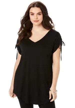 Roaman's Ruched Sleeve Ultra Drape Tunic - Black