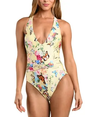 L'Agence Lisa Garden Butterflies Plunge One Piece Swimsuit Multi