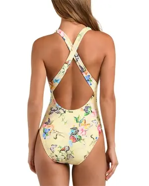 L'Agence Lisa Garden Butterflies Plunge One Piece Swimsuit - Multi