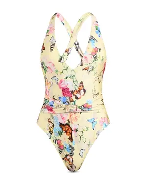 L'Agence Lisa Garden Butterflies Plunge One Piece Swimsuit - Multi