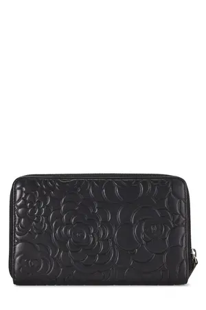 Chanel Embossed Lambskin Camellia Zip Around Wallet - Black