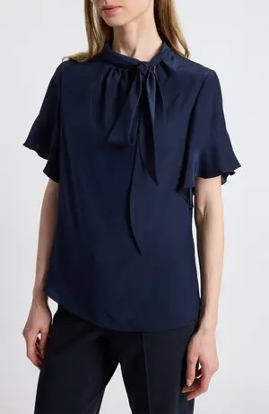 Santorelli Athena Silk Blouse With Short Flutter Sleeves