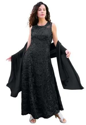 Roaman's Embellished Lace Shawl Gown - Black