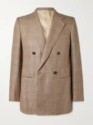 Husbands Double-breasted Prince Of Wales Checked Worsted Wool And Linen-blend Blazer - Brown
