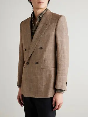 Husbands Double-breasted Prince Of Wales Checked Worsted Wool And Linen-blend Blazer