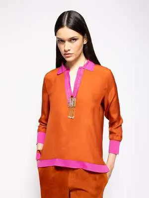 PAULA Diane Cinnamon Stick Silk V-neck Long-sleeve Top - Orange