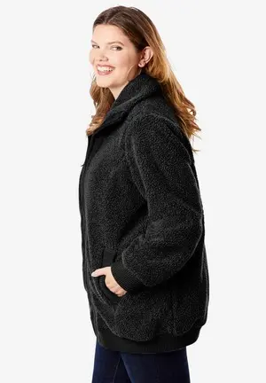Roaman's High Collar Fleece Bomber Jacket - Soft Camel
