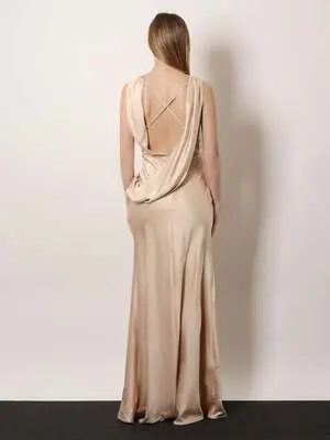 ACTUALEE Satin Long Dress - Beige