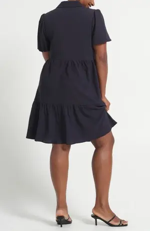 ESTELLE Short Sleeve Tiered Shift Dress - Navy