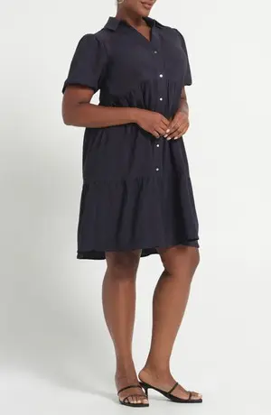 ESTELLE Short Sleeve Tiered Shift Dress - Navy