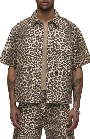Hudson Jeans Rex Oversize Short Sleeve Cotton Poplin Button-up Shirt - Cheetah