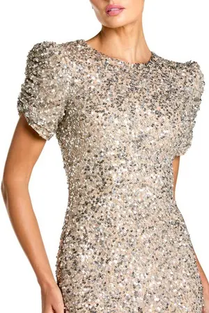 Mac Duggal Petite Gathered Short Sleeve Beaded Gown - Nude Silver