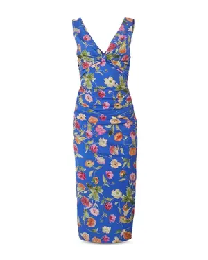Carolina Herrera Sleeveless Gathered V-neck Floral Print Dress - Bluebell Multi