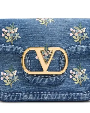 Valentino Garavani Embroidered Flower Vlogo Denim Shoulder Bag