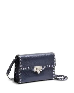 Valentino Garavani Small Rockstud & Rhinestone Leather Shoulder Bag - Navy