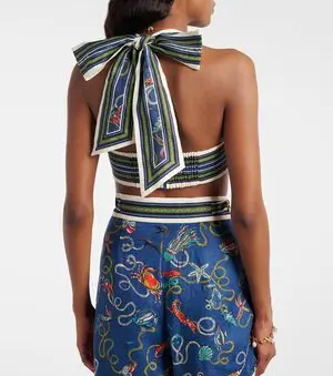 ALEMAIS Alémais Cove Printed Linen Bra Top - Blue