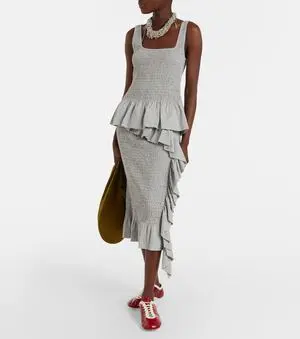 Dries Van Noten Ruffled Smocked Cotton Midi Skirt