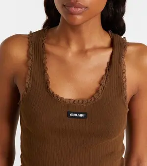 Miu Miu Lace-trimmed Pointelle Cotton Tank Top - Brown