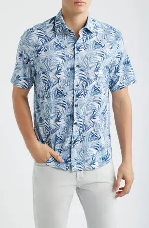 Robert Barakett Keneth Leaf Print Short Sleeve Stretch Cotton Button-up Shirt