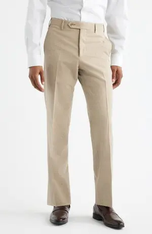 Zanella Devon Flat Front Plaid Wool Dress Pants - Khaki