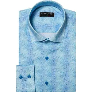 MASUTTO Faro Aqua Blue Geometric Pattern Button-up Long Sleeve Shirt
