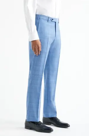Zanella Parker Flat Front Plaid Wool Dress Pants - Blue