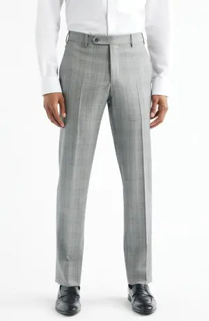 Zanella Parker Flat Front Plaid Wool Dress Pants - Stone