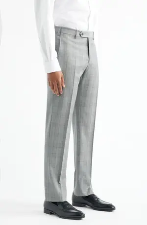 Zanella Parker Flat Front Plaid Wool Dress Pants - Stone