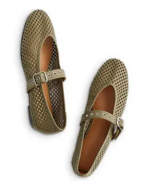 Madewell Remy Diamond Perforated Leather Mary Jane Flats - Worn Olive