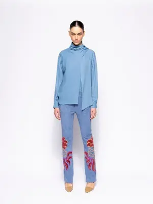 PAULA Narcissus Dutch Wrap Top With Collar Tie - Blue
