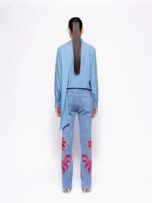 PAULA Narcissus Dutch Wrap Top With Collar Tie - Blue