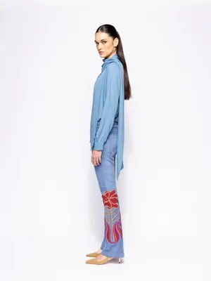 PAULA Narcissus Dutch Wrap Top With Collar Tie - Blue