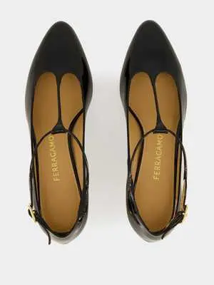 FERRAGAMO T-strap Pumps With Gold Heel - Black