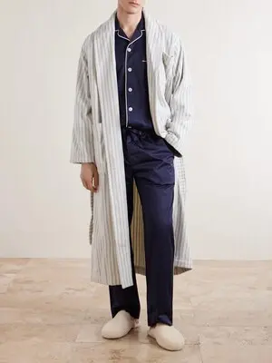 TEKLA Belted Striped Organic Cotton-terry Robe - Neutrals
