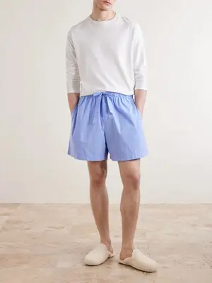 TEKLA Straight-leg Striped Organic Cotton-poplin Shorts - Blue