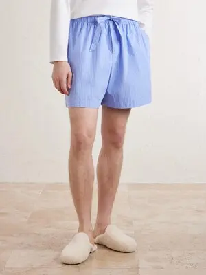 TEKLA Straight-leg Striped Organic Cotton-poplin Shorts - Blue