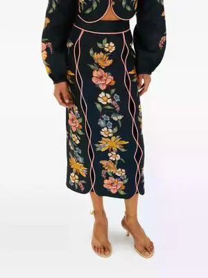 Farm Rio Floral-embroidered Midi Skirt - Blue
