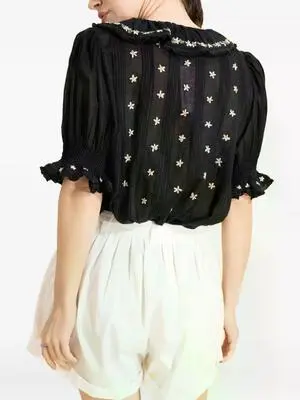 DÔEN Hettie Floral-embroidered Ruffled Blouse - Black