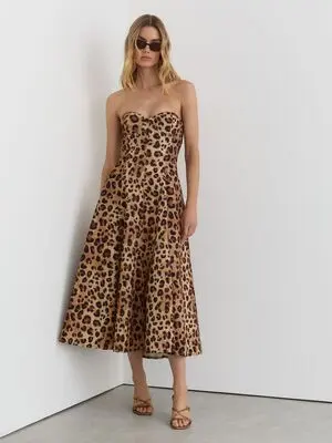 REISS Ramona Strapless Leopard-print Corset Midi Dress