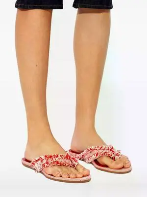 JIMMY CHOO Bay Flat Frayed Canvas Mule Sandals - Red