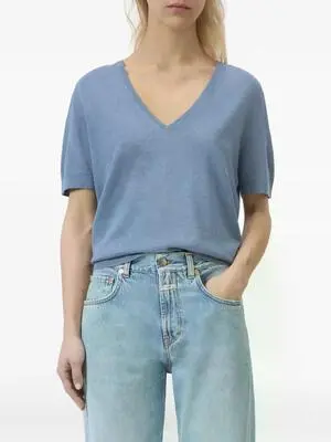 Closed V-neck Short-sleeve Knitwear - Blue