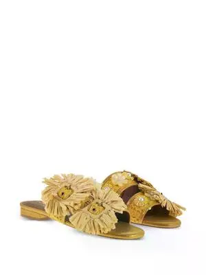 Kurt Geiger Raffia Fringe Floral Embellished Sandals - Neutrals