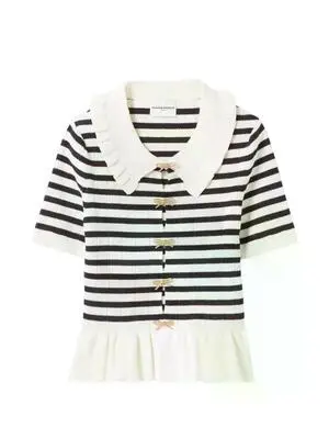 Claudie Pierlot Striped Knit Sweater With Ruffled Collar And Hem - Neutrals