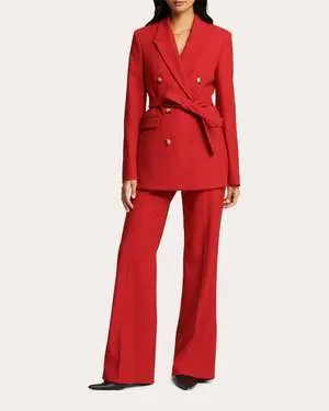 ARGENT Heavy Wool Twill Belted Double-breasted Blazer - Red