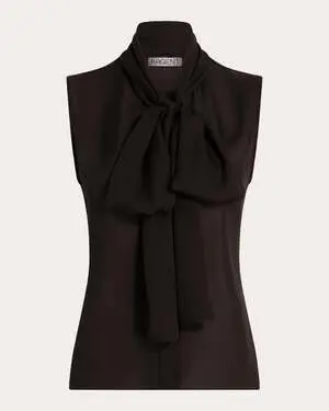 ARGENT Silk Georgette Sleeveless Bow Blouse - Black