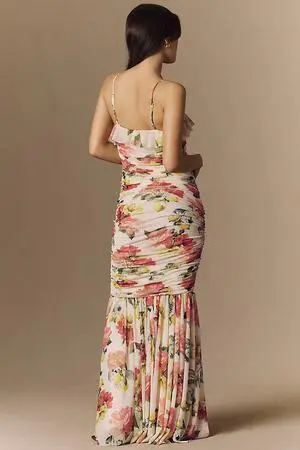 Bhldn Floral Mesh Stretch Maxi Dress - Yellow Pattern