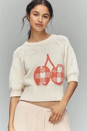 Maeve Elbow-sleeve Cotton-blend Crew Pullover - Gingham Cherries