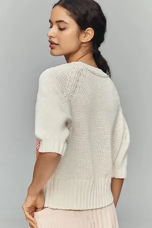 Maeve Elbow-sleeve Cotton-blend Crew Pullover - Gingham Cherries