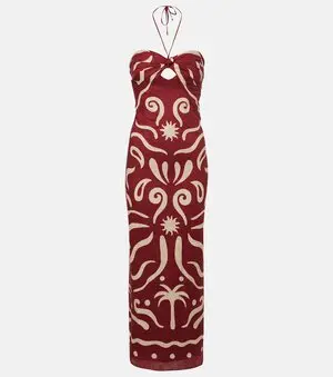 CALA DE LA CRUZ Leda Printed Halterneck Linen Maxi Dress - Burgundy